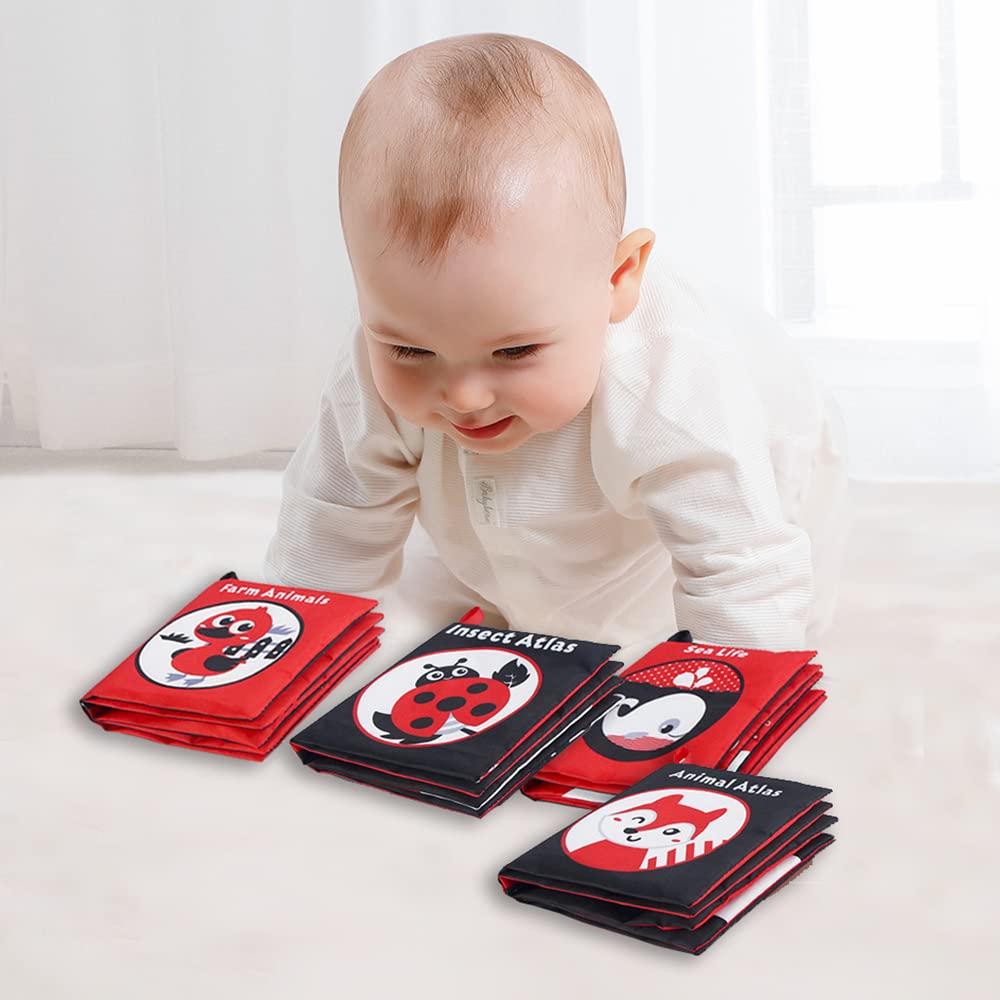 4 Baby Crinkle Books 0-6 12 Months, High Contrast Black and White Book, Touch and Feel Crinkle Cloth Book Soft Baby's First Fabric Book Activate Visual & Brain for Newborn, Toddler and Infant