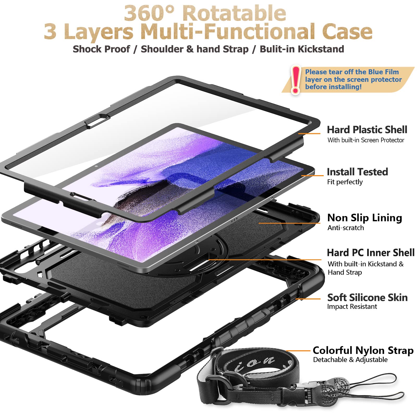 SEYMAC stock Case for Samsung Galaxy Tab S7 FE / S8 Plus 5G Case 12.4'' with Screen Protector Pencil Holder [360 Rotating Hand Strap] &Stand, Drop-Proof, Black