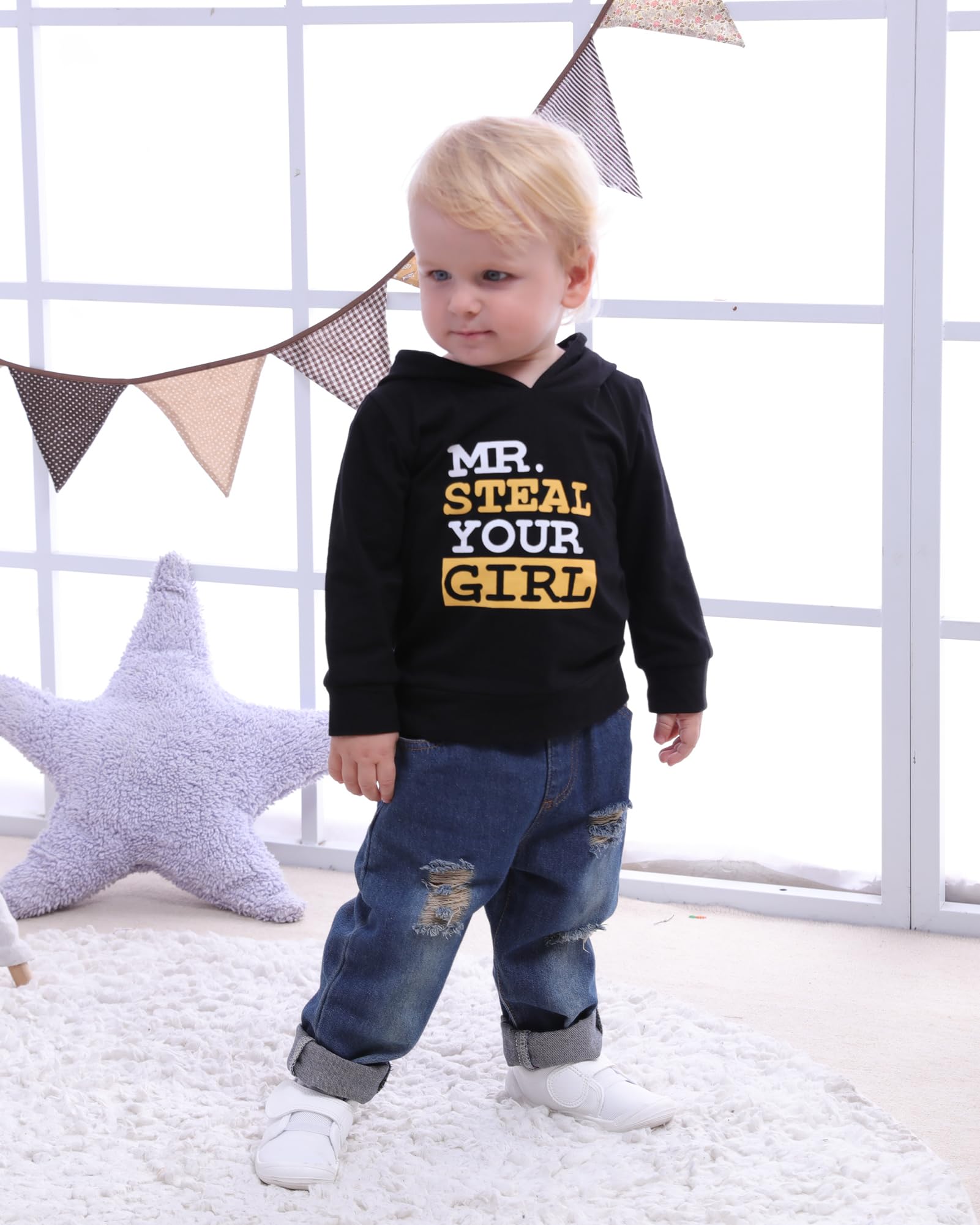 YALLET 2T 3T Toddler Baby Boy Clothes Fall Winter Outfit Sets Long Sleeve Letter Hoodies Top+Ripped Denim Pants 2pcs