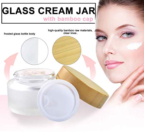 2 Pack 15ml 0.5oz Empty Refillable Round Frosted Glass Cream Jar Cosmetic Storage Container Pot Sample Jars Bottle with Natural Bamboo Lid and Inner Liners for Cream Lotion Lip Balm