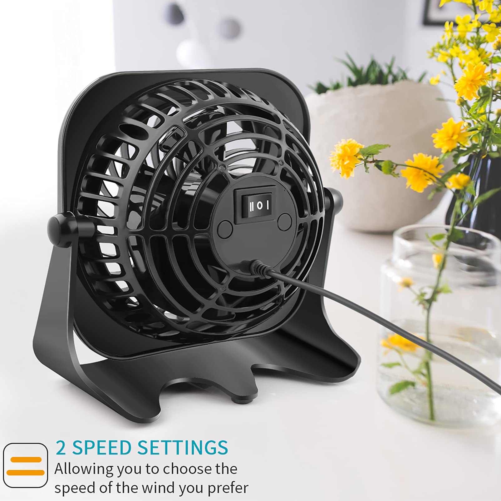 4 Inch Mini USB Desk Fan Quiet, 2 Speeds, Lower Noise, USB Powered, 360° Up and Down, 3.8 ft Cable, Powerful Desktop Fan for Home Office Room