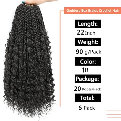 Ayana Crochet Box Braids Curly Ends 120 Strands 22Inch Goddess Box Braids Crochet Hair Bohomian Crochet Braids Box Braids 3X Boho Box Braids Synthetic Crochet Braids Hair Extensions (6pack, 1B)