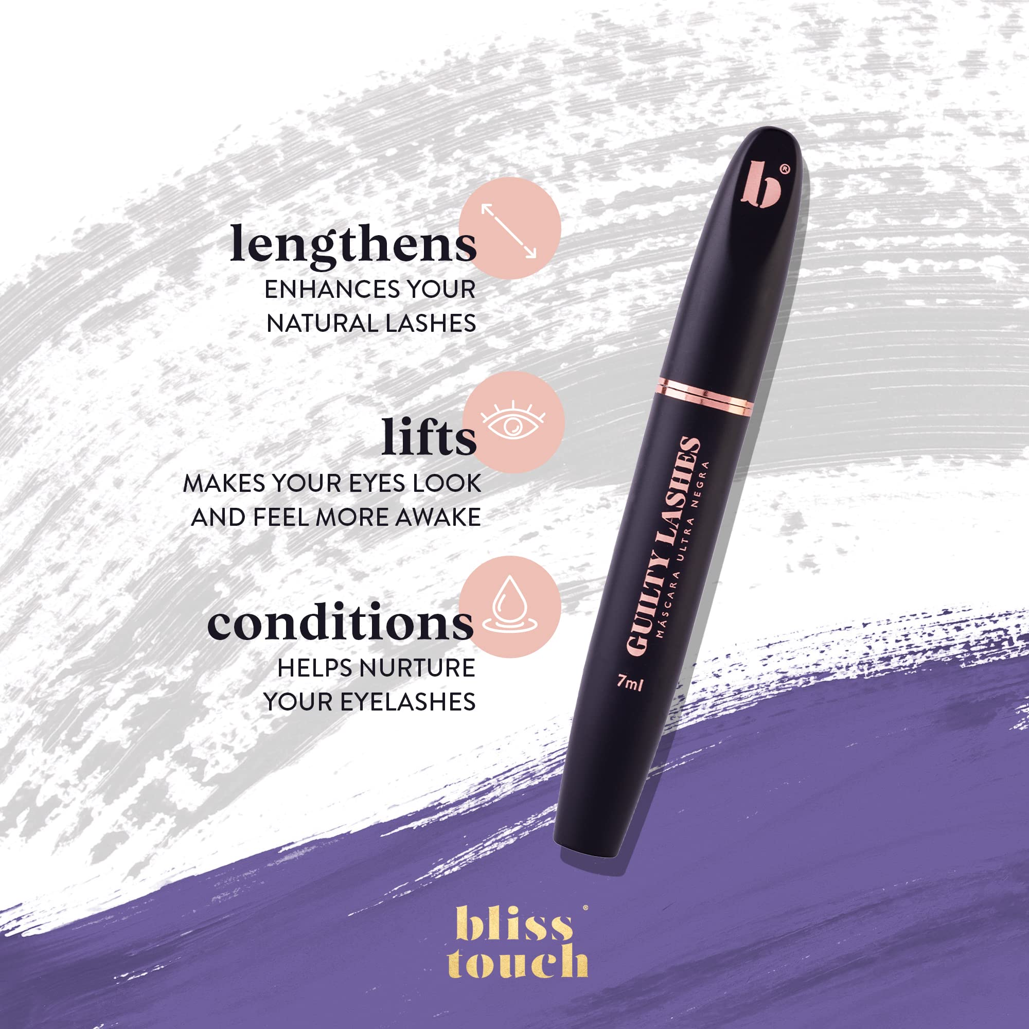 Bliss Touch - Guilty Lashes Mascara Black Volume and Length, Black Mascara with Silicone Brush, Eye Makeup with Argan Oil, Aloe Vera, and Vitamin E