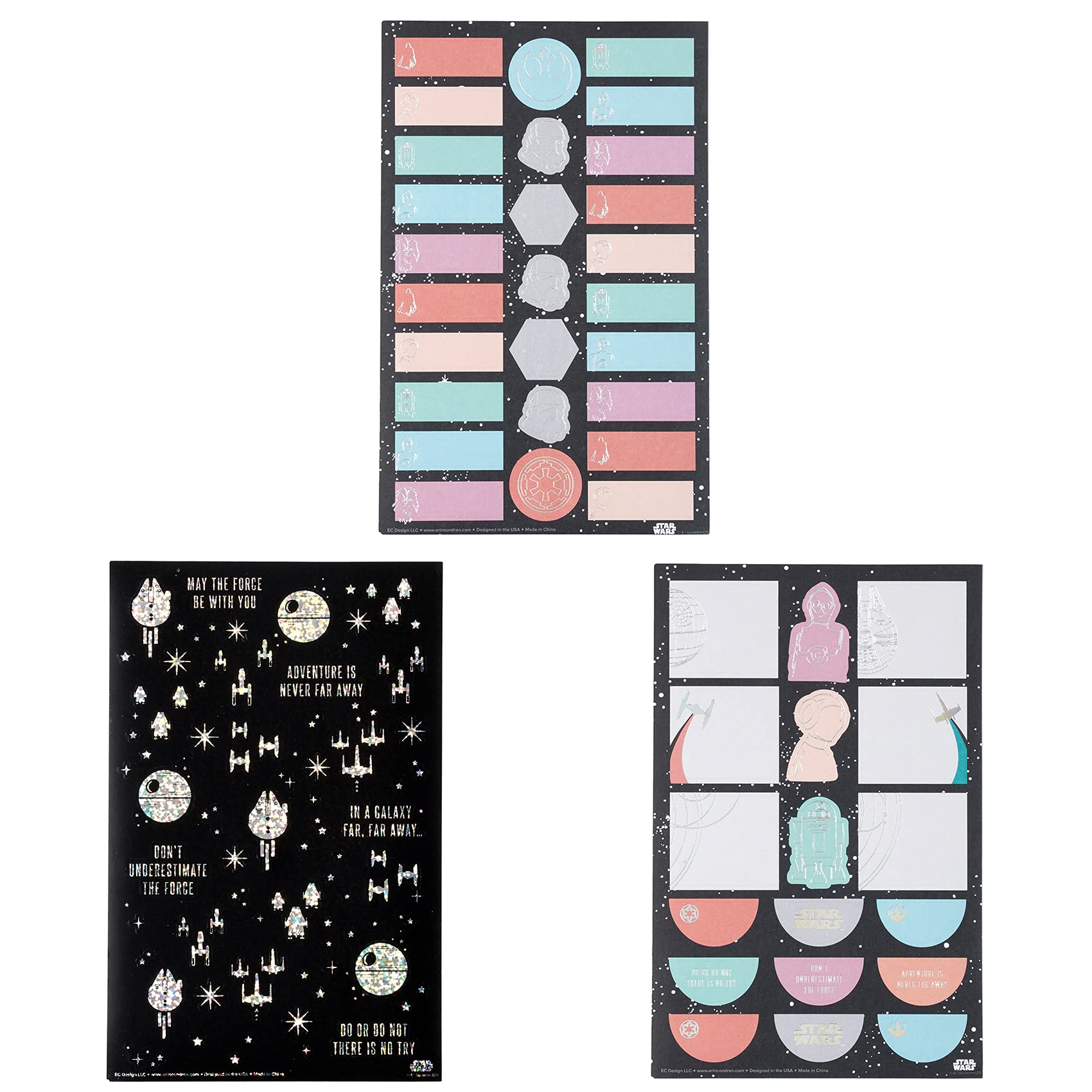 Star Wars Sticker Pack Trio - 121 Stickers Total, 3 Iridescent, Holographic, Silver Metallic Pages of Decorative, Functional, and Cute Stickers for Customizing Planners, Notebooks, and More