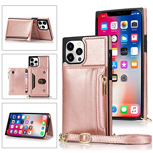 LUVI Compatible with iPhone 12 Pro Max Wallet Case with Crossbody Neck Strap Lanyard Purse Handbag Shoulder Strap Cover with PU Leather Credit ID Card Holder Kickstand Stand Protection Case Rose Gold