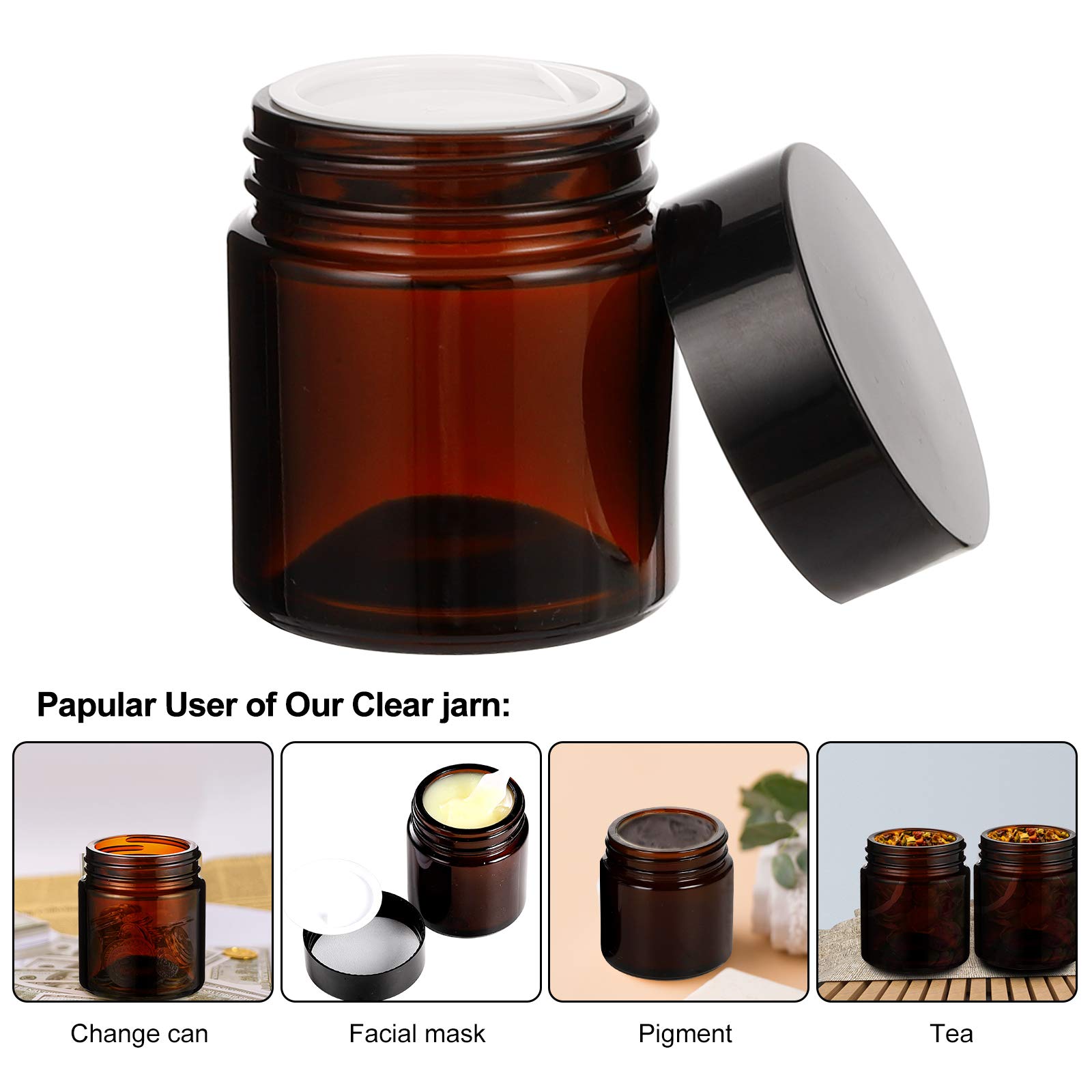 24 Pack 2oz Amber Glass Jars with Black Lids, Round Empty Containers for Scrubs, Lotions, Cosmetic, and Ointments, Travel Storage Jar with White Inner Liners, lables and Spatulas