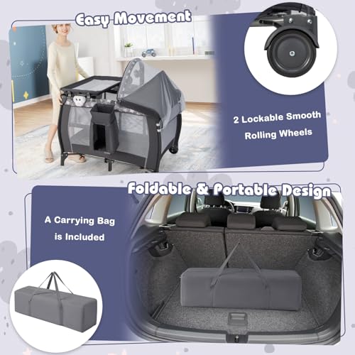 HONEY JOY Pack and Play with Bassinet, 4-in-1 Portable Baby Playard with Changing Table, Net & Cute Toys, Diaper Storage Bag, Music Box, Wheels with Brake, Foldable Newborn Play Yard w/Carry Bag