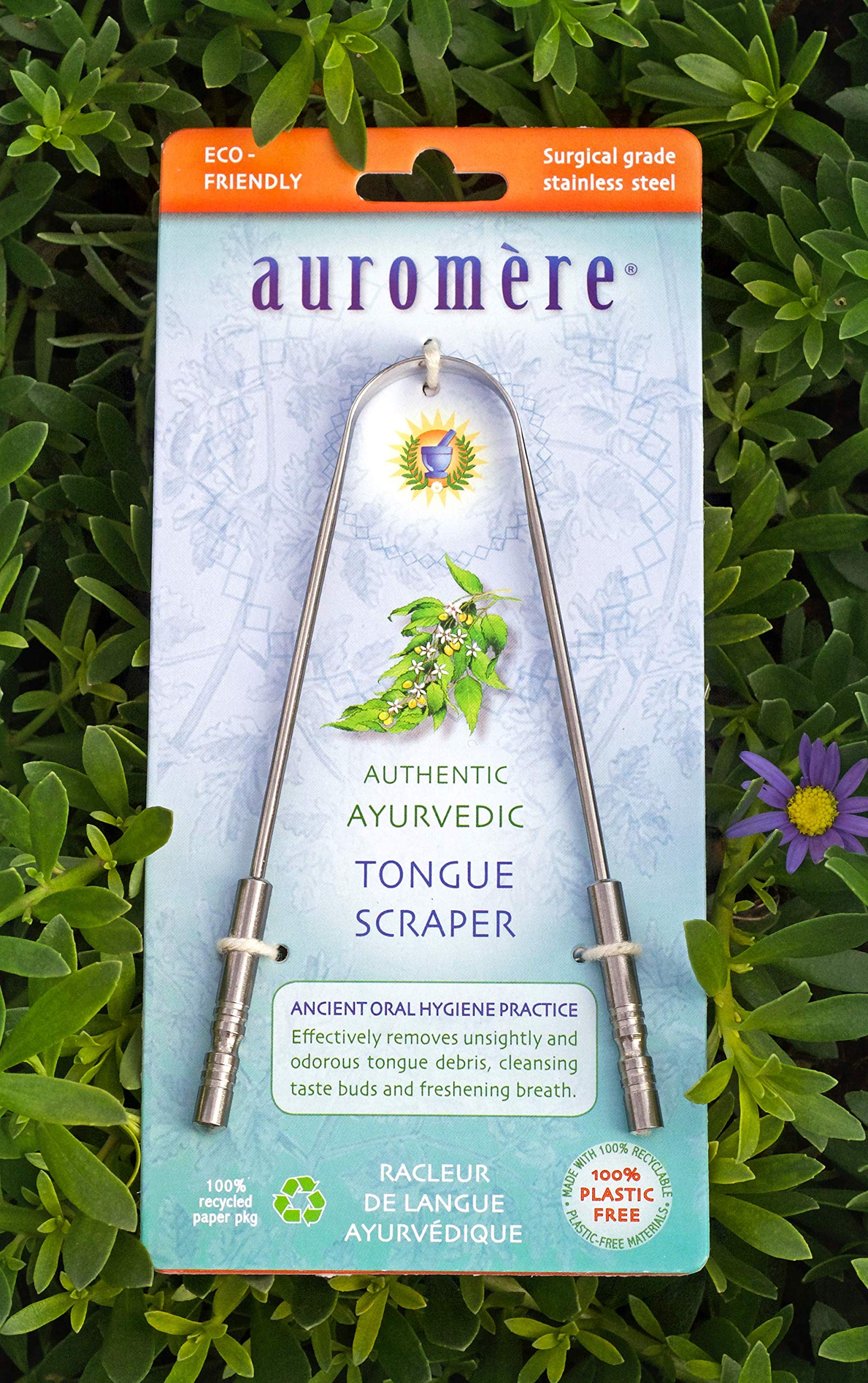 Auromere Tongue Cleaner, Ancient Oral Hygiene, Eco Friendly, Zero Waste, Stainless Steel, Eliminate Bad Breath (1 Pack)