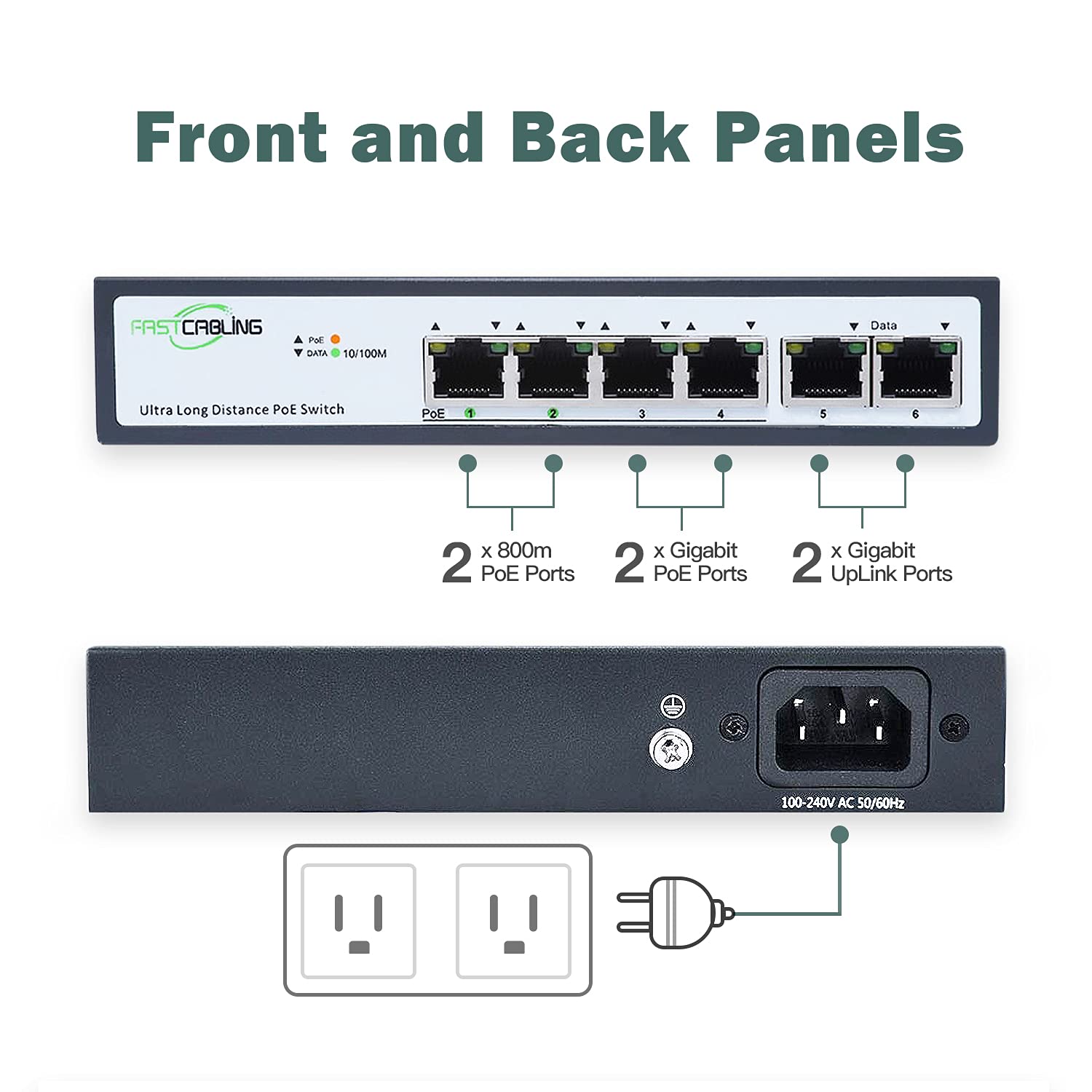 1500ft Long Range PoE+ Switch, PoE Extension with Continuous Run of cat5e/cat6, Fast Ethernet 10/100Mbps, 30W IEEE802.3at/af