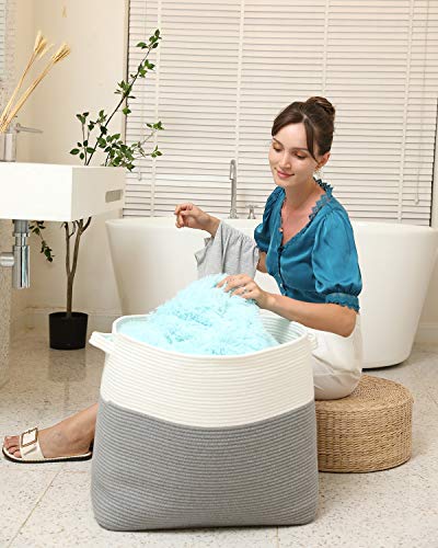 22"x14"x18" Mega Size Rectangular Extra Large Storage Basket, Cotton Rope Storage Baskets, Woven Laundry Hamper, Toy Storage Bin, for Toys Blanket in Living Room, Baby Nursery, Grey