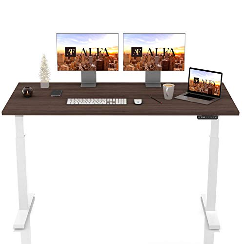 ALFA FURNISHING Quick Install Standing Desk, 48 X 30 Inches Dual Motor Electric Stand Up Desk, Adjustable Height Sit Stand Desk with Whole-Piece Desktop, 4 Pre-Set Memory(Walnut Top+White Frame)