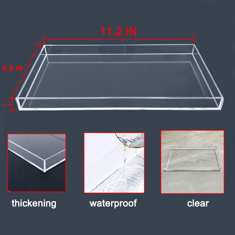 2 Pack Acrylic Tray,Vanity Tray 11.2x5.9 Inch,Acrylic BathroomTray for Counter,Clear Serving Tray for Cup, Sponge, Soap, Plant (Large, Clear)