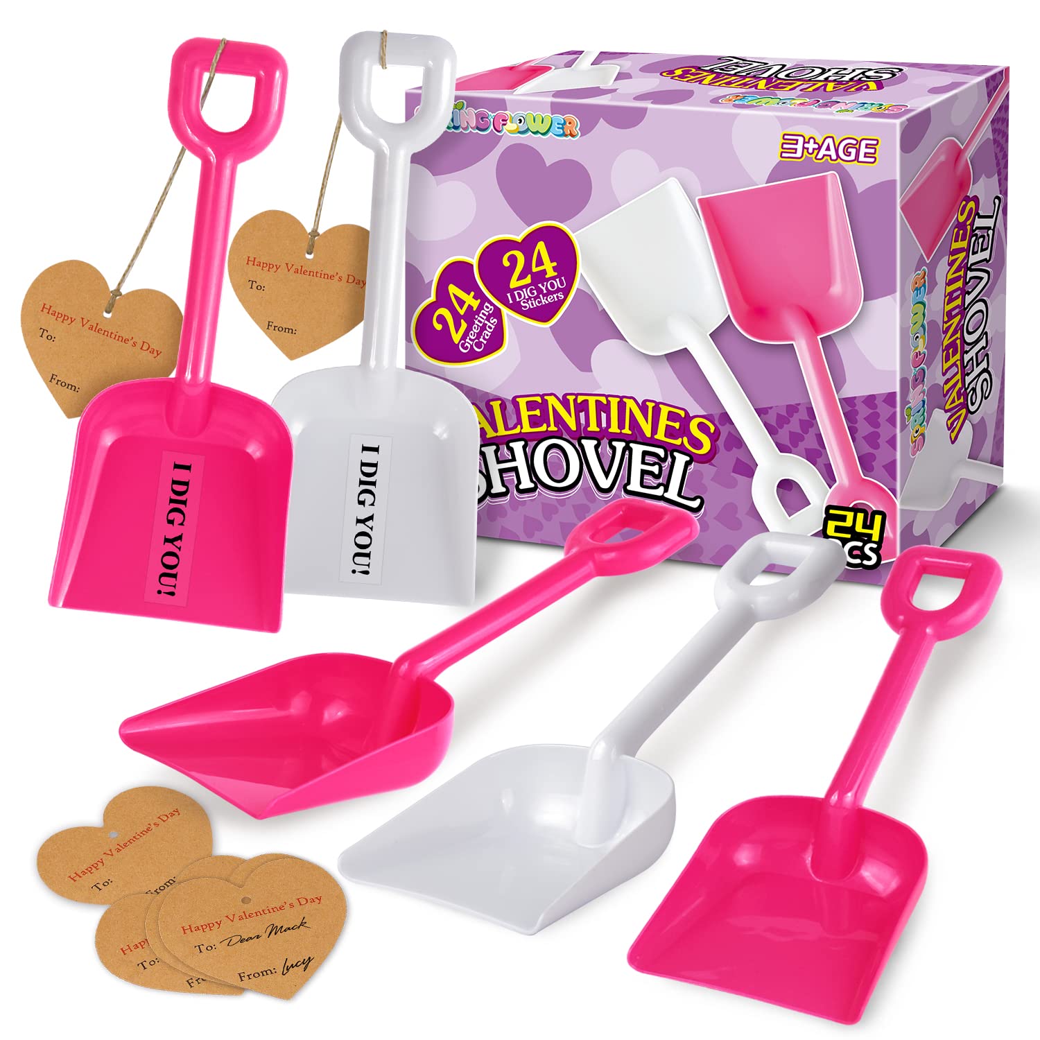 24 Pack Valentine's Greeting Cards With Plastic Toy Shovels,24 I Dig You Stickers,24 Ropes,24 Valentines Day Cards,Prizes For School Classroom,Kids Exchange Gifts,Party Favors,Kids Sand Shovels