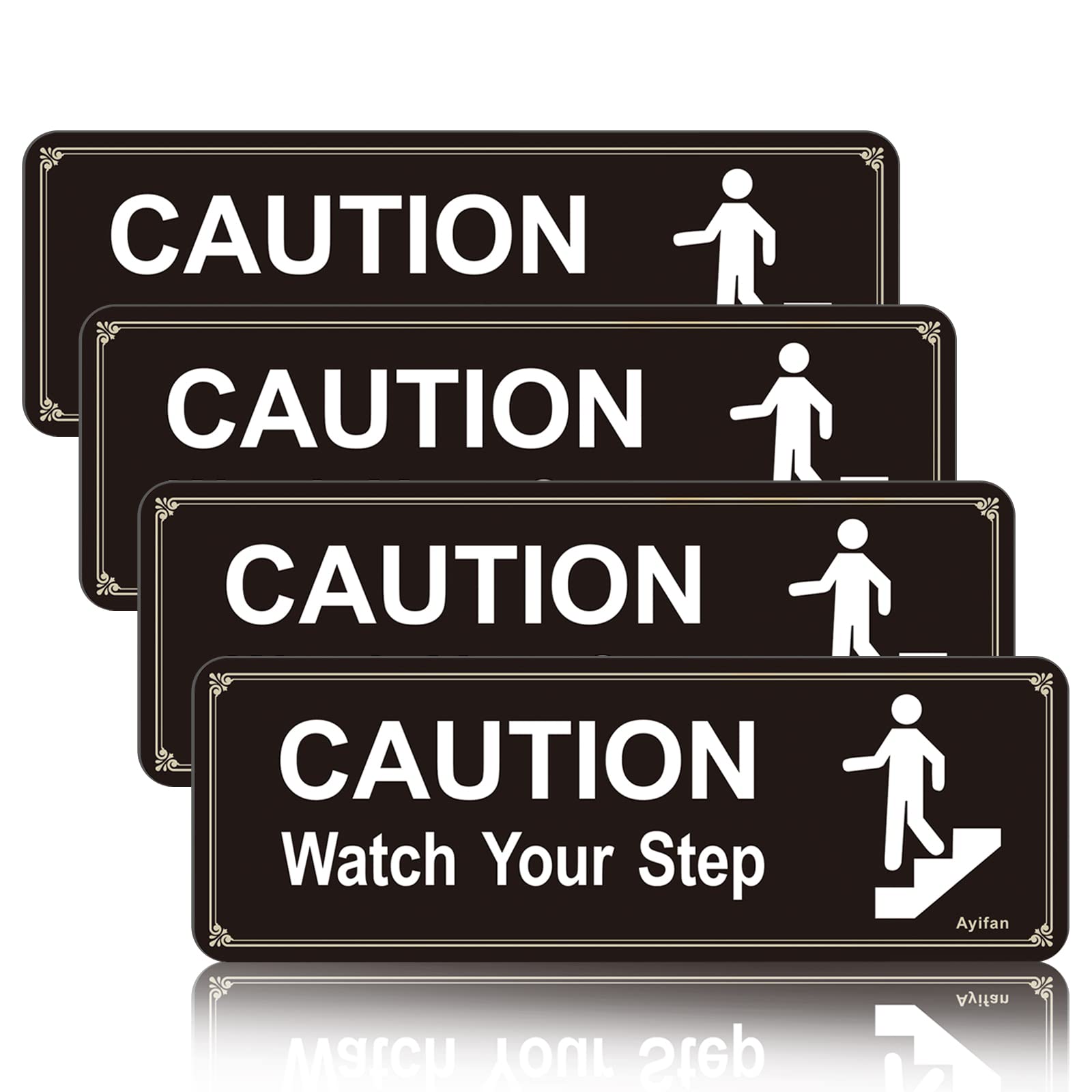 4 Pack Caution Watch Your Step Sign for floor, Acrylic with Symbols Self-adhesive for Home and Business Restaurants Offices 9"x3" Black Gold Easy to Mount Outdoor or Indoor Use Black