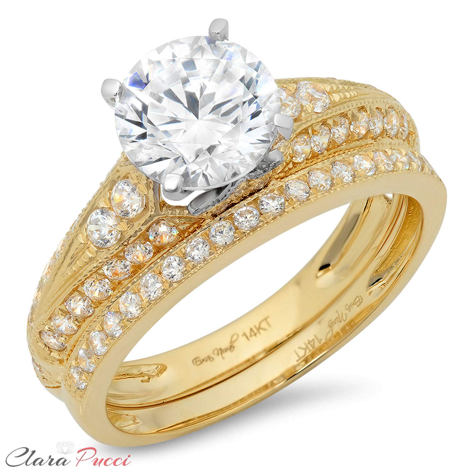 1.99 ct Round Cut Clear Simulated Diamond 14k Yellow White Gold Solitaire W/Accents Wedding Bridal Ring Band Set Sz 9