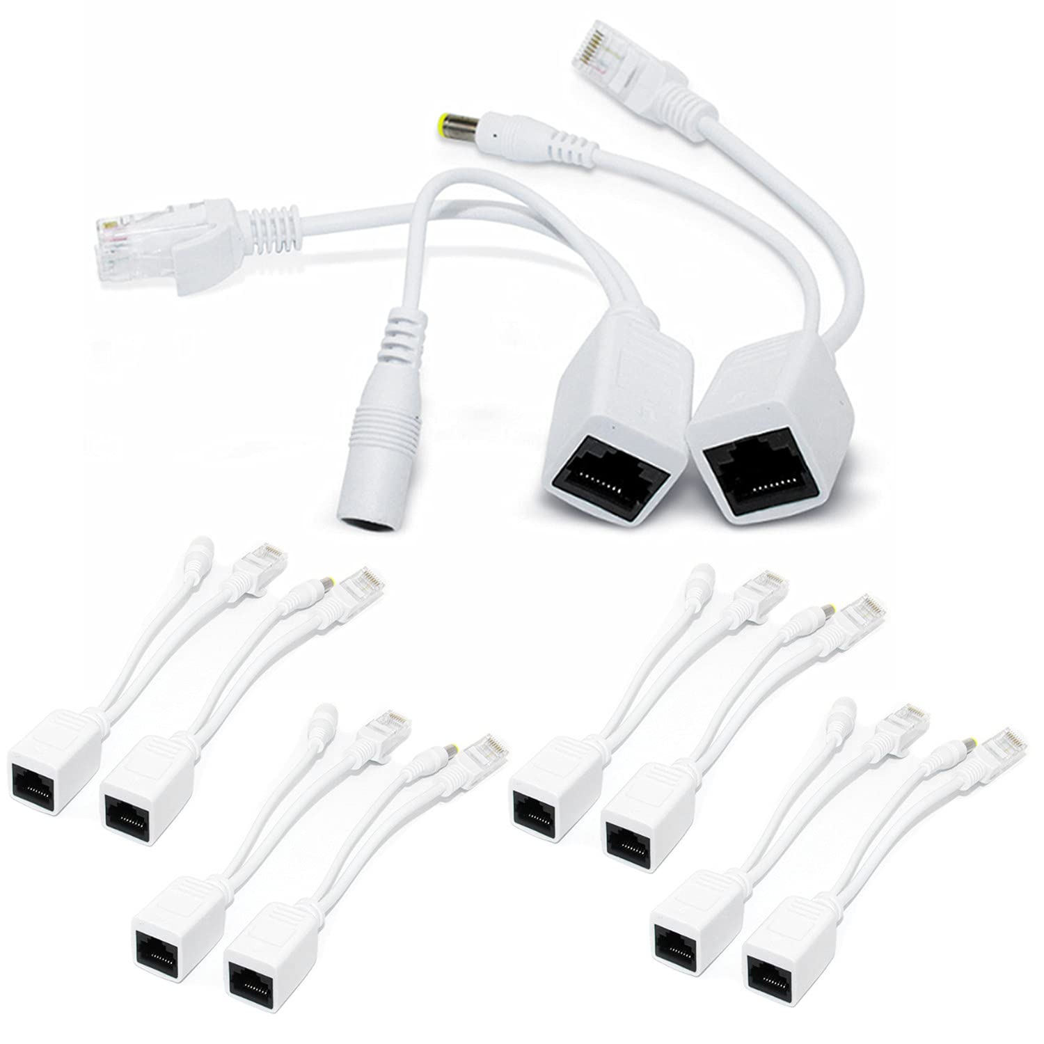 BeElion 5-Pair/10pcs White Passive PoE Injector and Splitter Kits with 5.5x2.1mm DC Connector RJ45 Power Over Ethernet for CCTV Surveillance Camera System