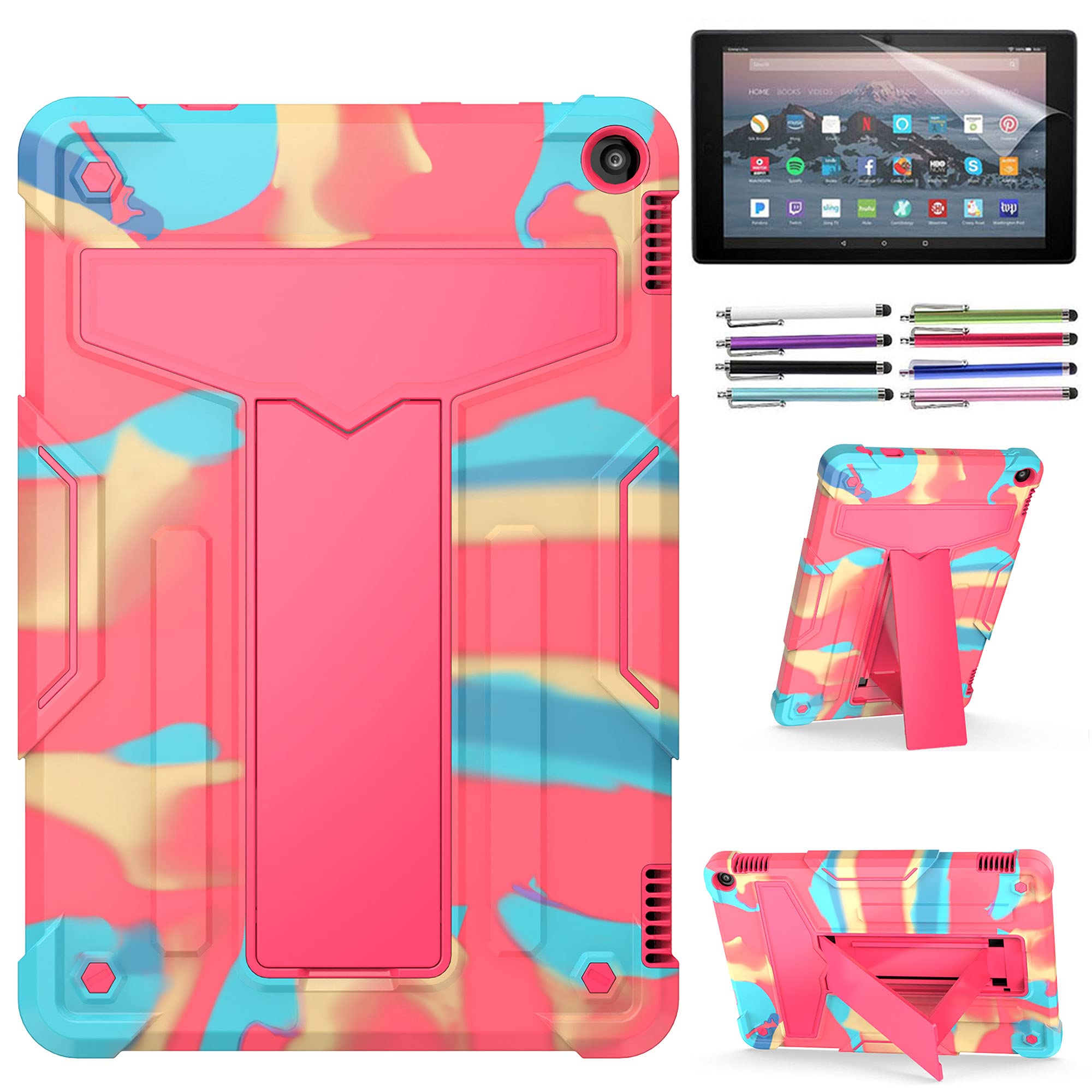 Epicgadget Case for Amazon Fire HD 10 and Fire HD 10 Plus (11th Generation, 2021 Released) - Heavy Duty Shockproof Hybrid Case with Kickstand + 1 Screen Protector Film and 1 Stylus (Candy/Pink)
