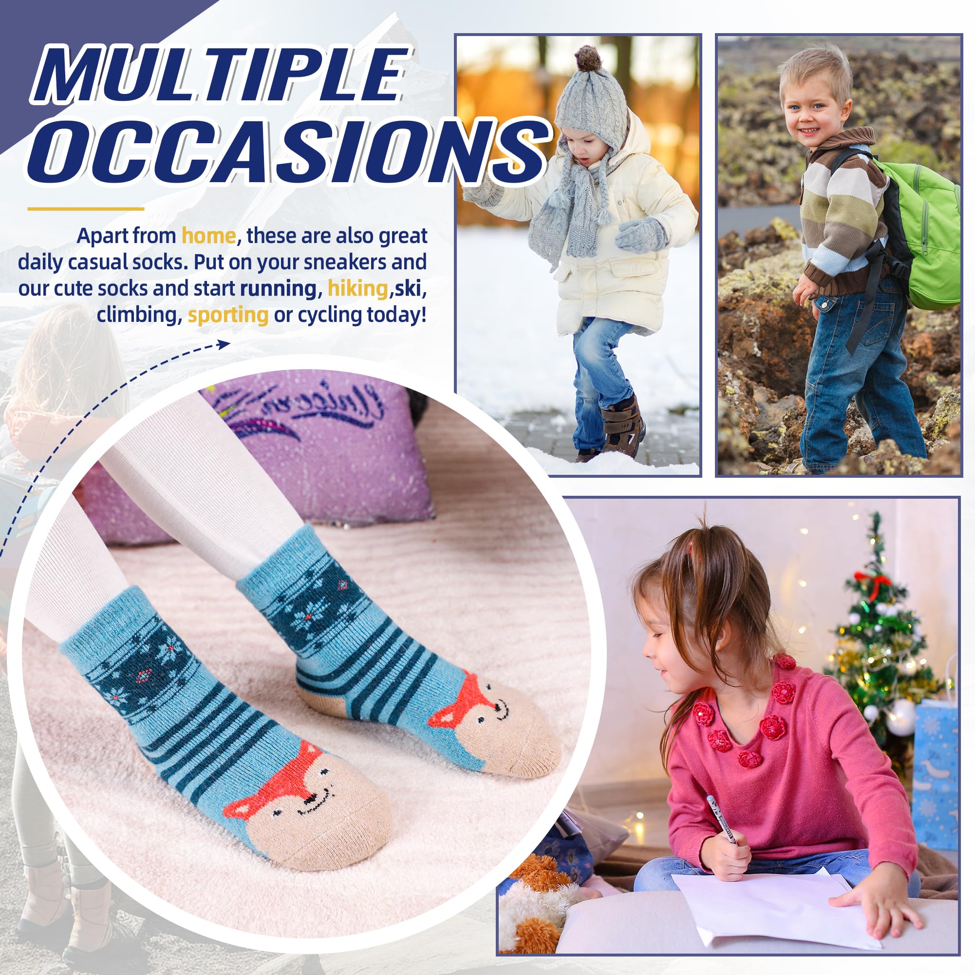 Eocom 6 Pairs Children's Winter Warm Wool Socks Kids Toddlers Boys Girls Thermal Thick Boot Cozy Crew Socks (8-12 Years, Snowflake Animal)