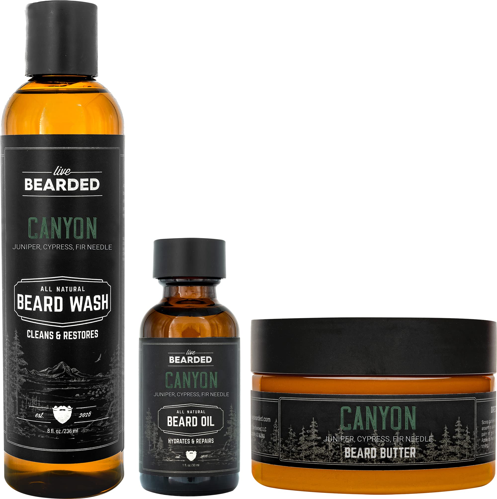 Live Bearded 3-Step Beard Grooming Kit - Wash, Oil and Butter - Made in the USA - All-Natural Ingredients with Shea, Jojoba - Growth Support | Canyon Scent - Juniper, Cypress, Fir Needle