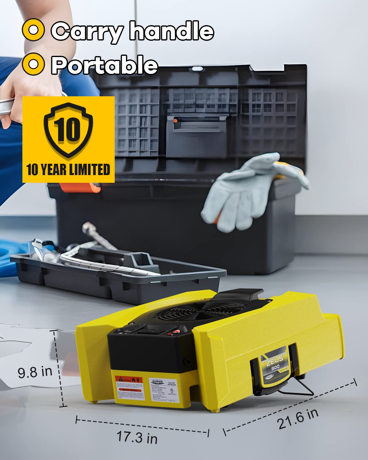 AlorAir 4 Pack Zeus 900 Air Mover Commercial Blower for Carpets, Walls, Plumbing Use, Variable Speed Floor Blower Fan, 950 CFM with 1.8 Amps, Circuit Breaker Protection, on-Board Duplex GFCI, Yellow