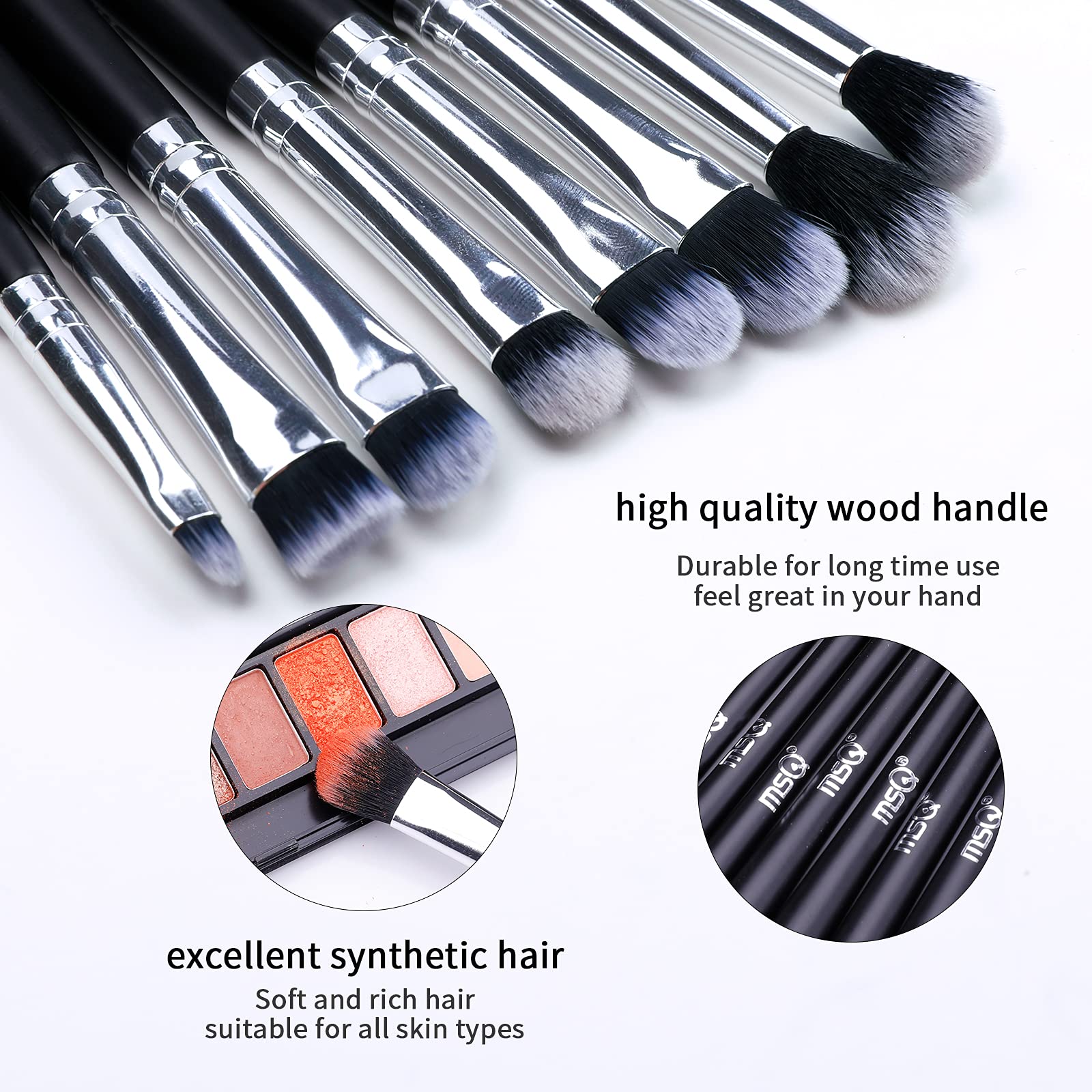 MSQ Eye Makeup Brushes Eyeshadow Makeup Brushes Set with Soft Synthetic Hairs & Real Wood Handle for Eyeshadow, Eyebrow, Eyeliner, Blending (Black, 8PCS)