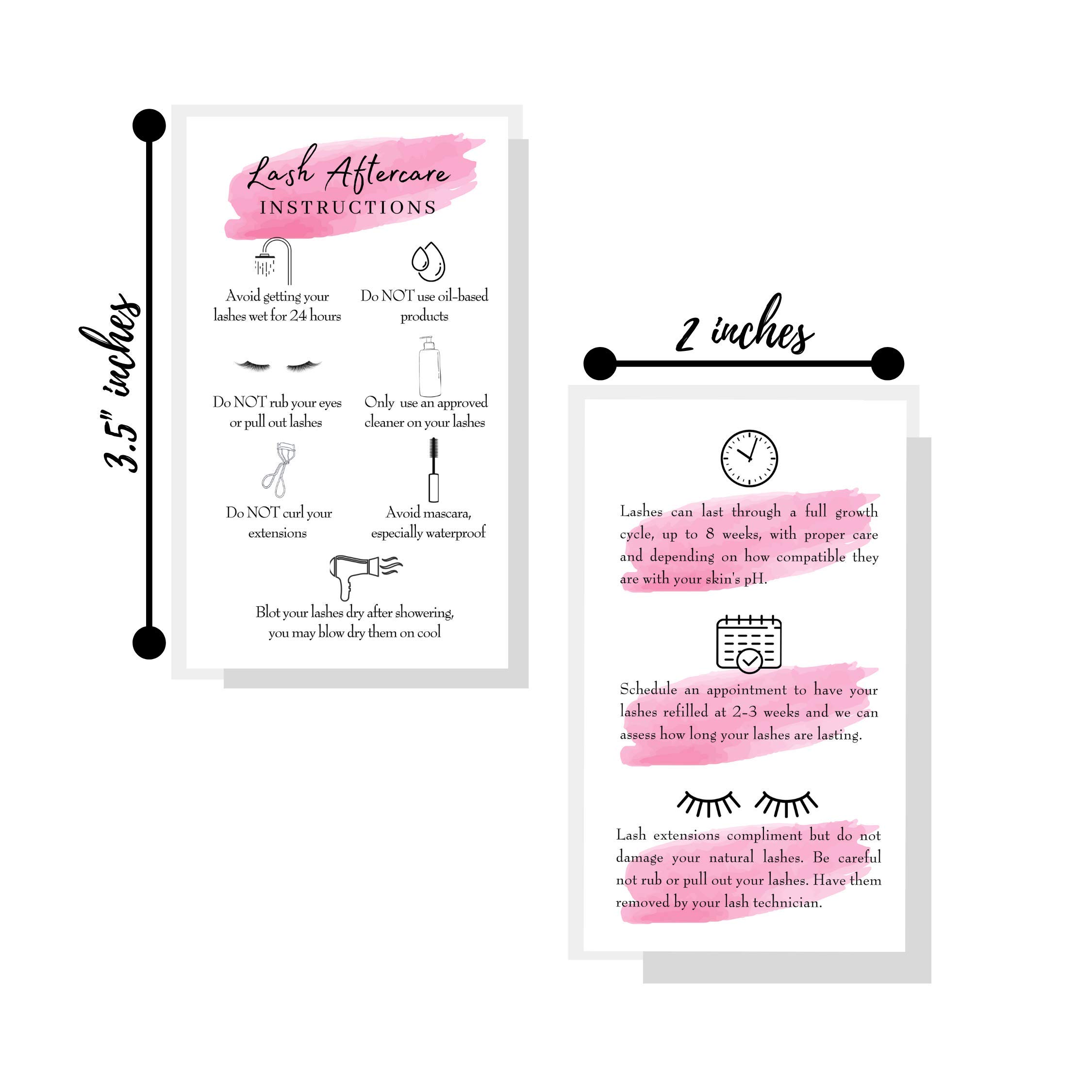 Lash Extension Aftercare Instructions Cards | 50 Pack | Double Sided Size 3.5 x 2" inches After Care (2-3 Week Fillers) | White with Pink Watercolor Design