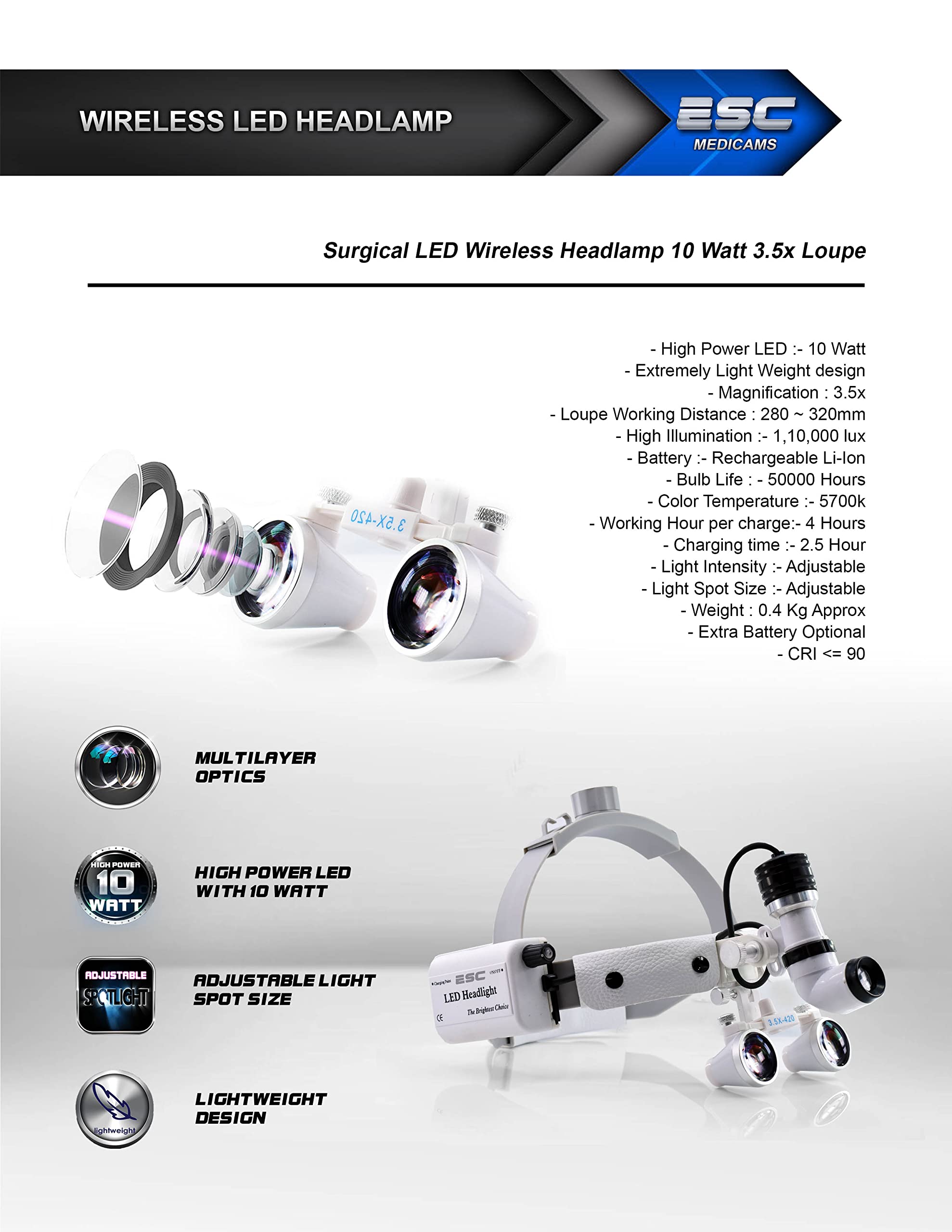 ESC Medicams Dental Headlight Loupe 10W Surgical LED Headlamp ENT Portable (123.001)