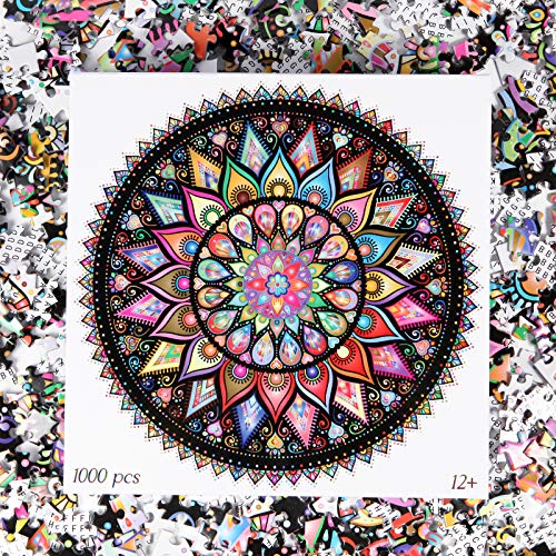 Bgraamiens Puzzle-Geometric Colorful Mandala-1000 Pieces Creative Geometric Round Blue Board Colorful Mandala Jigsaw Puzzle