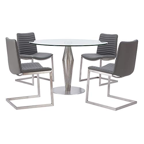 Armen Living Lindsey Contemporary Dining Table in Brushed Stainless Steel Finish and Clear Glass top, silver