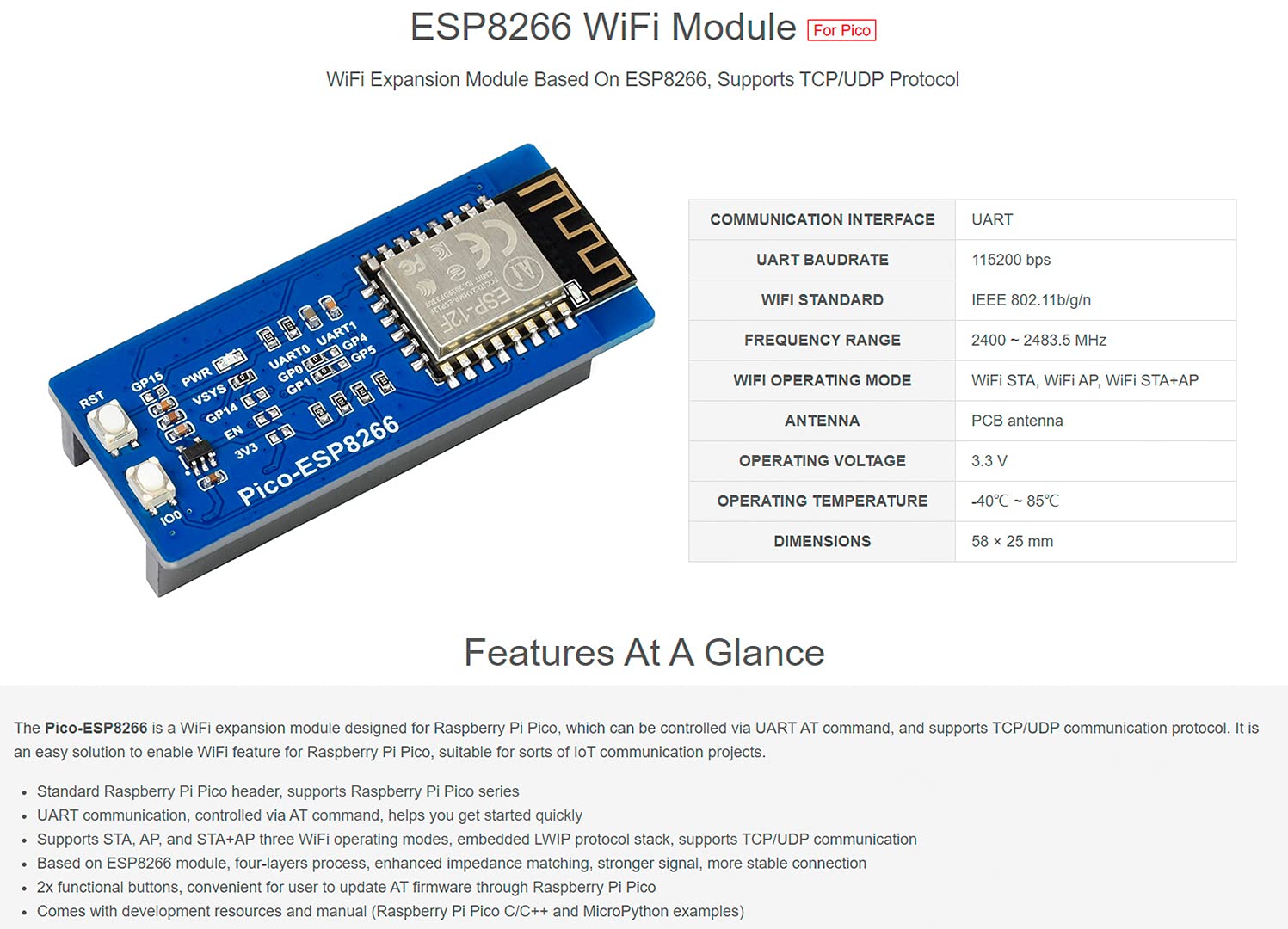 ESP8266 WiFi Module for Raspberry Pi Pico, WiFi Expansion Module Controlled via UART at Command, Support TCP/UDP Protocol,STA, AP, and STA+AP Three WiFi Operating Modes