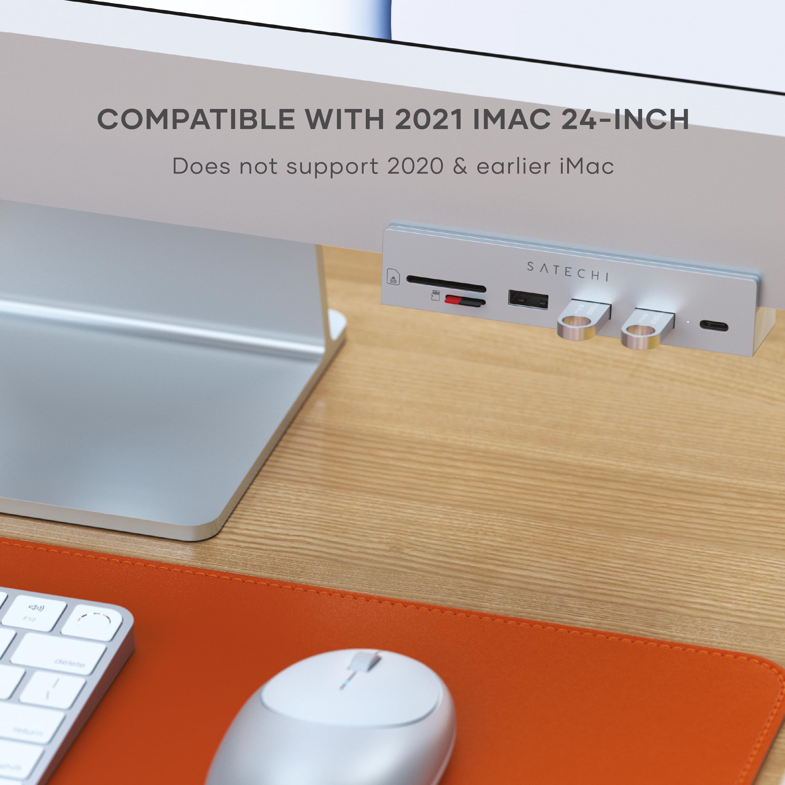 Satechi USB C Hub – iMac USB Adapter – USB C Data Port, USB-A 3.0 Data, Micro/SD Card Readers, USB C Clamp Hub For Apple Studio Display & iMac 24-inch, Does Not Fit 2020 iMac & Earlier Models - Silver