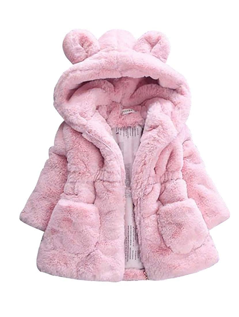 WEONEDREAM Baby Girls Winter Fleece Coat Ear Hooded Toddler Faux Fur Jacket Princess Girls Warm Windproof Outwear 1-6Y Kids Beautiful Outfits(Pink,140)