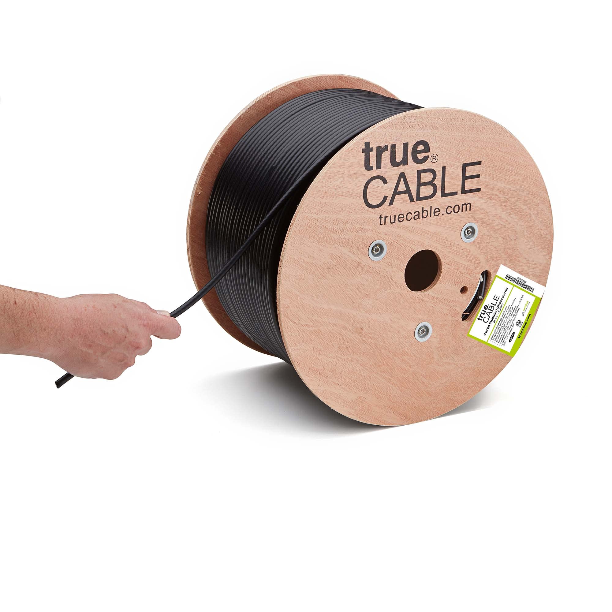 trueCABLE Cat6A Direct Burial, Shielded FTP, 1000ft, Waterproof, Outdoor Rated CMX, Black, 23AWG Solid Bare Copper, 750MHz, PoE++ (4PPoE), ETL Listed, Bulk Ethernet Cable