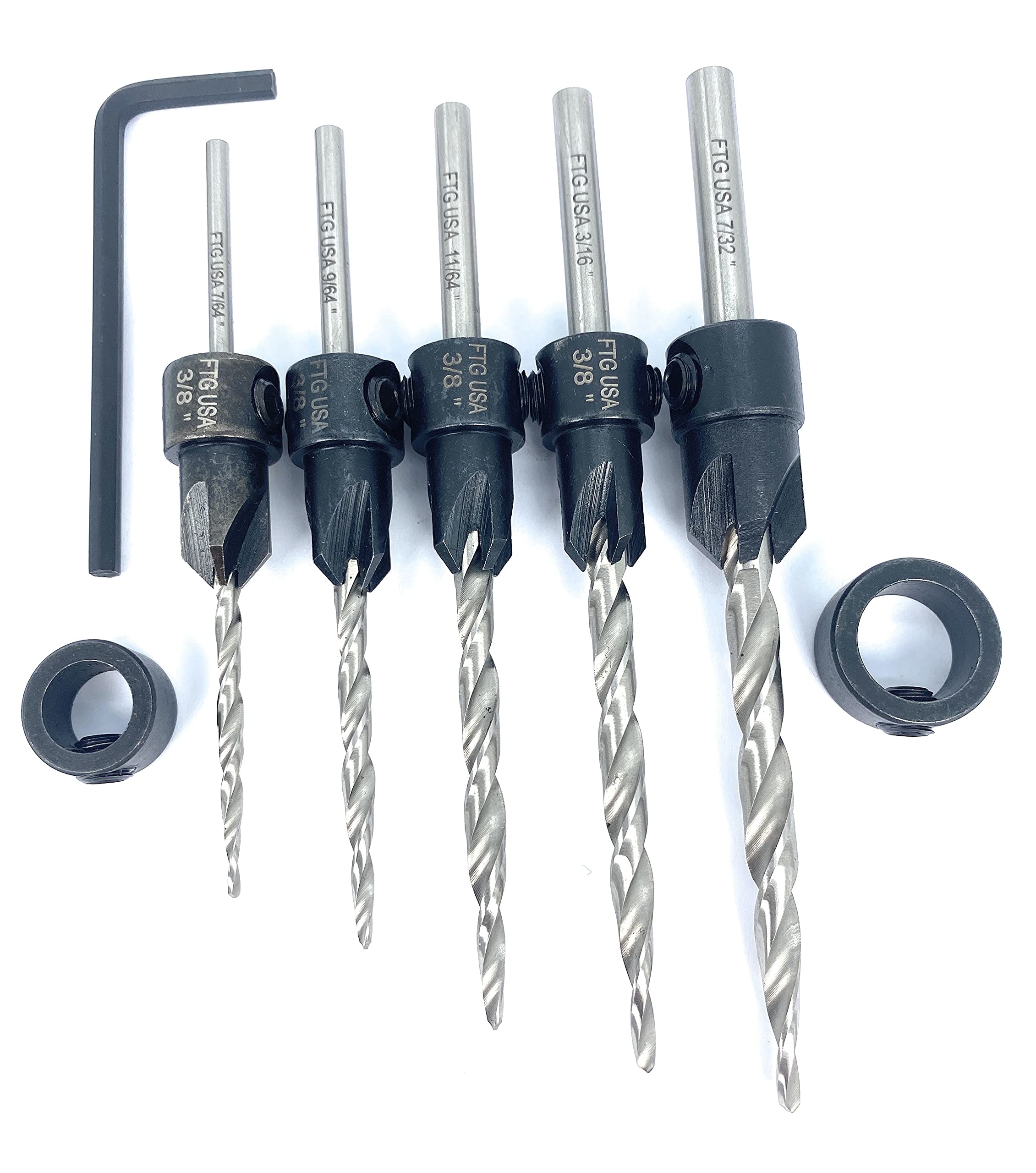 FTG USA Adjustable Wood Countersink Drill Bit Set 5 Sizes Countersink Drill bit #4#6#8#10#12 Tapered Drill Bits with Straight Shank