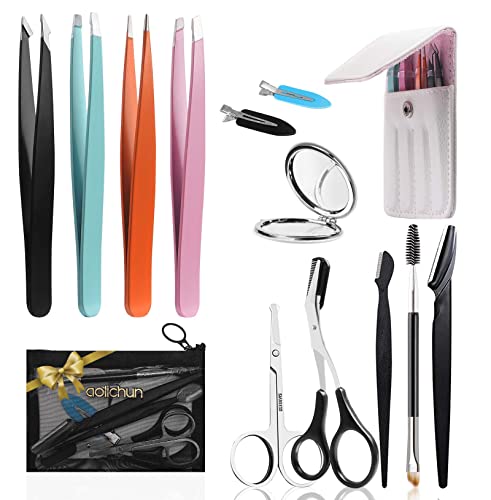 Eyebrow Kit,12 in 1 Eyebrow Tweezers Set, Professional Eyebrow Grooming Kit for Women and Men Includes Eyebrow Tweezers,Eyebrow Scissors,Eyebrow Brush,Eyebrow Razor,No Bend Hair Clips,Pocket Mirror