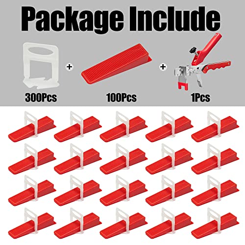 1/16" Tile Leveling System with Floor Tile Plier - 300Pcs Leveling Spacer Clips and 100Pcs Reusable Wedges, Tile Tools Kit for Professional Ceramic Tiles and Stone Installation