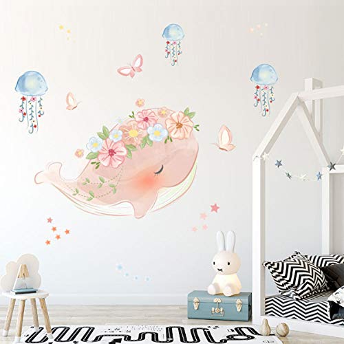 Bamsod Pink Whale Wall Sticker Underwater Animals Ocean DIY Wall Decal Marine Life Wall Stickers for Nursery Kids Playroom Home Decor