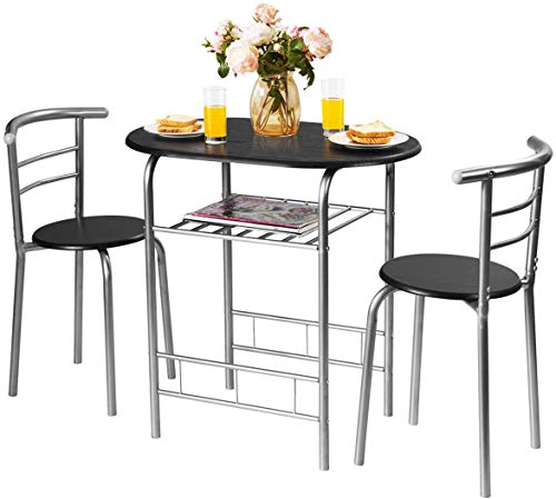 FANTASK 3 Pieces Dining Set, Breakfast Table Set w/Metal Frame and Storage Shelf, Compact Table and 2 Chairs Set for Home Bistro Pub Apartment Kitchen Dining Room Cafe