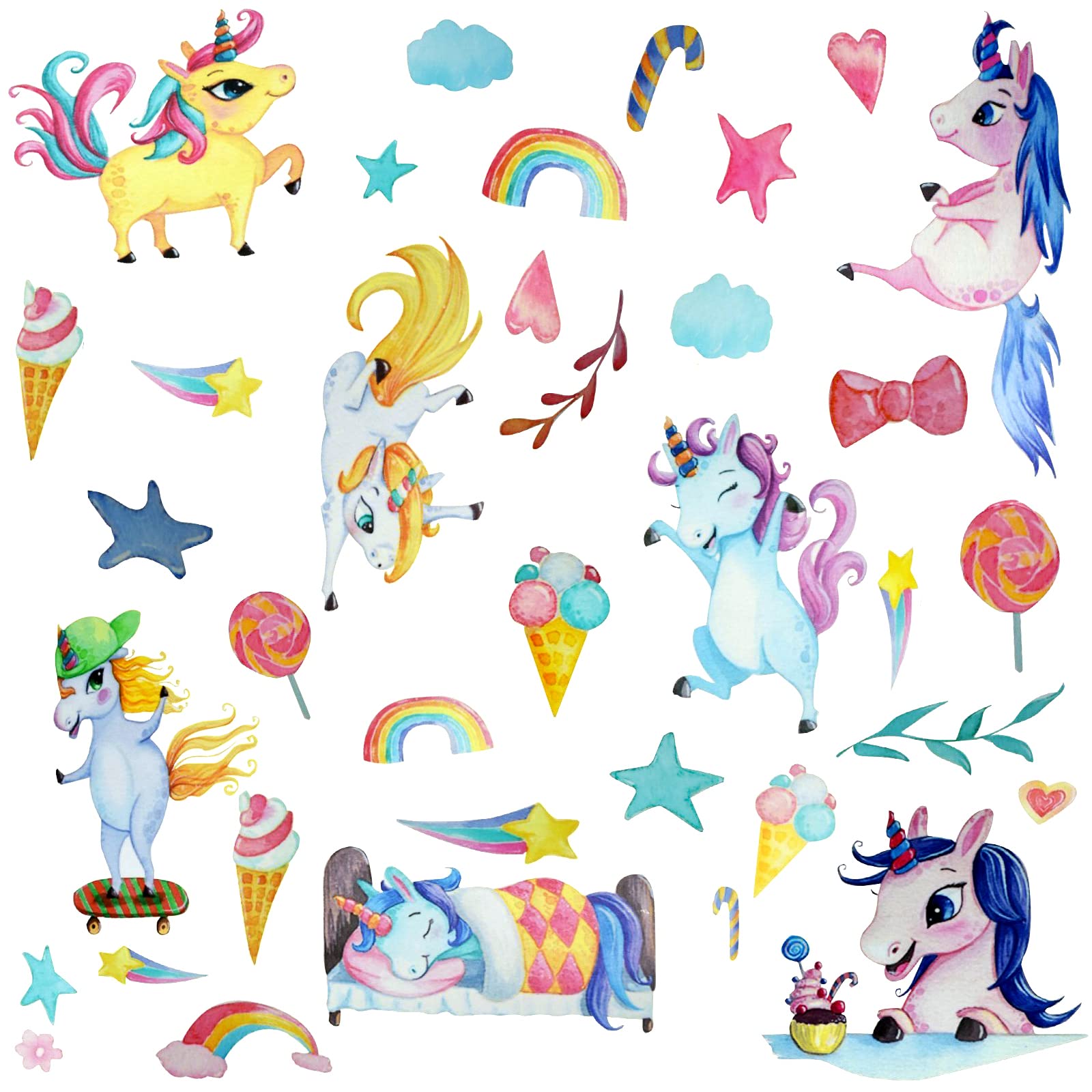 Maydahui Cartoon Unicorn Wall Decals Stickers Rainbow Cloud Candy Ice Cream Vinyl Decals (41*41 Inch) Peel & Stick Removable Girls Bedroom Art Murals Decor for Baby Kids Room Nursery Christmas Gifts