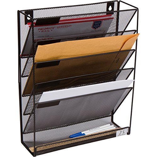 5 Pocket Wall Mounted File Hanging Organizer Metal Mesh Office Home Folder Binder Holder Magazine Mail Rack + Hardware, Black