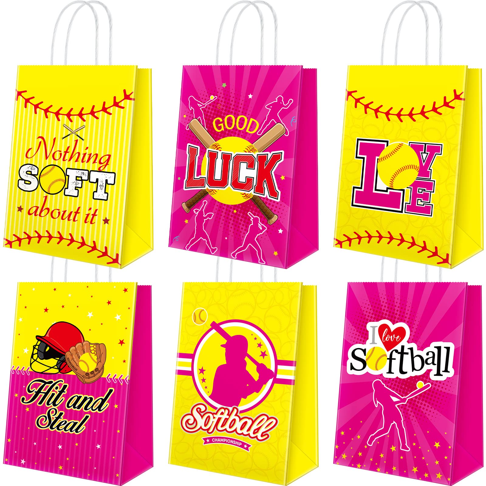 24 Pcs Softball Party Bags Gift Treat Bag Softball Goodie Bags Favors Paper Candy Bags with Handle for Sports Theme Birthday Baby Shower Party Decorations Supplies, 6 Designs