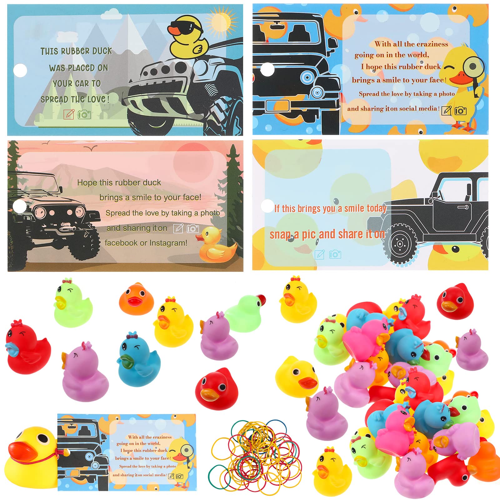220 Packs Duck Card Printed Car Duck Cards Funny Ducking Card Tags Multicolor Rubber Ducks Mini Bath Ducks Ducky Float Ducks Set with 20 Rubber Ducks 200 Pieces Rubber Bands for Sharing (Cute Style)