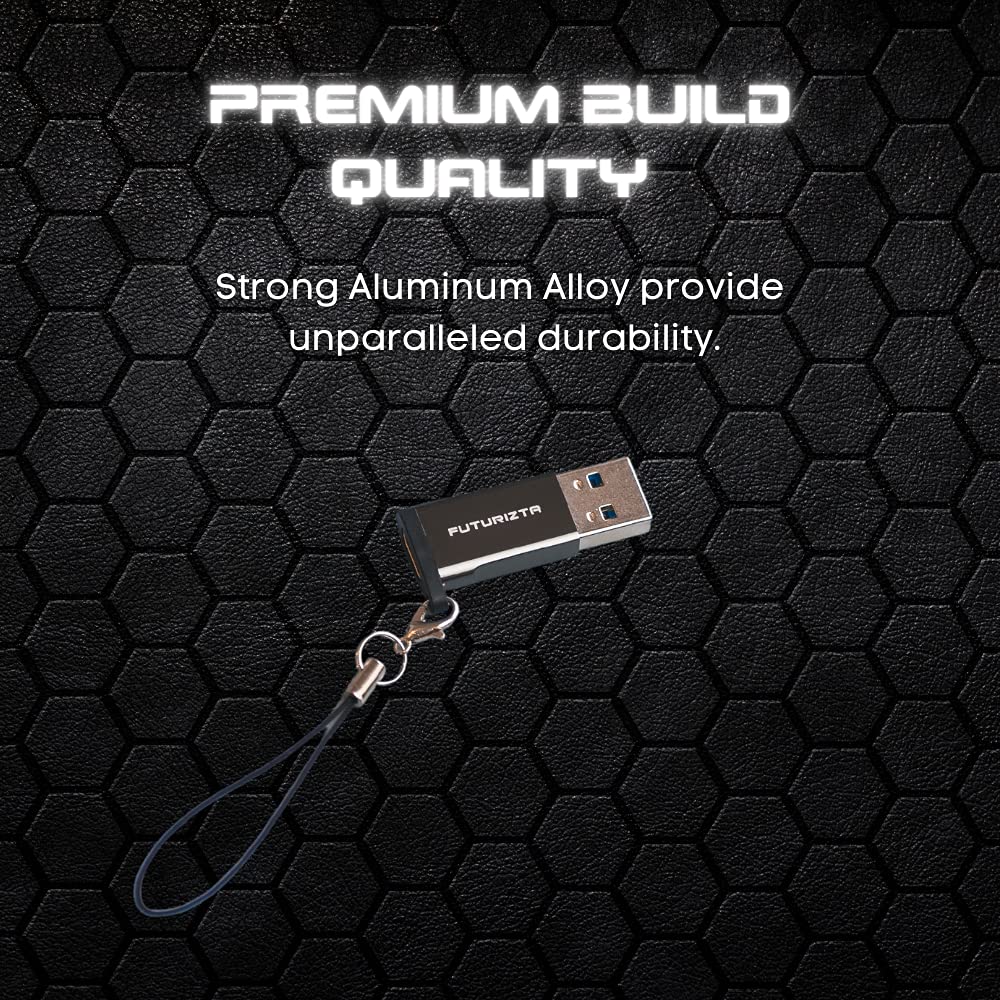 Futurizta Tech USB 3.1 Gen 1 Premium Type-C Female to USB-A Male Adapter, Support 5Gbps Data Transfer, QC3.0 Fast Charging, Military Grade Aluminium Alloy with Ergonomic Lanyard/Rope for Type-C Cable