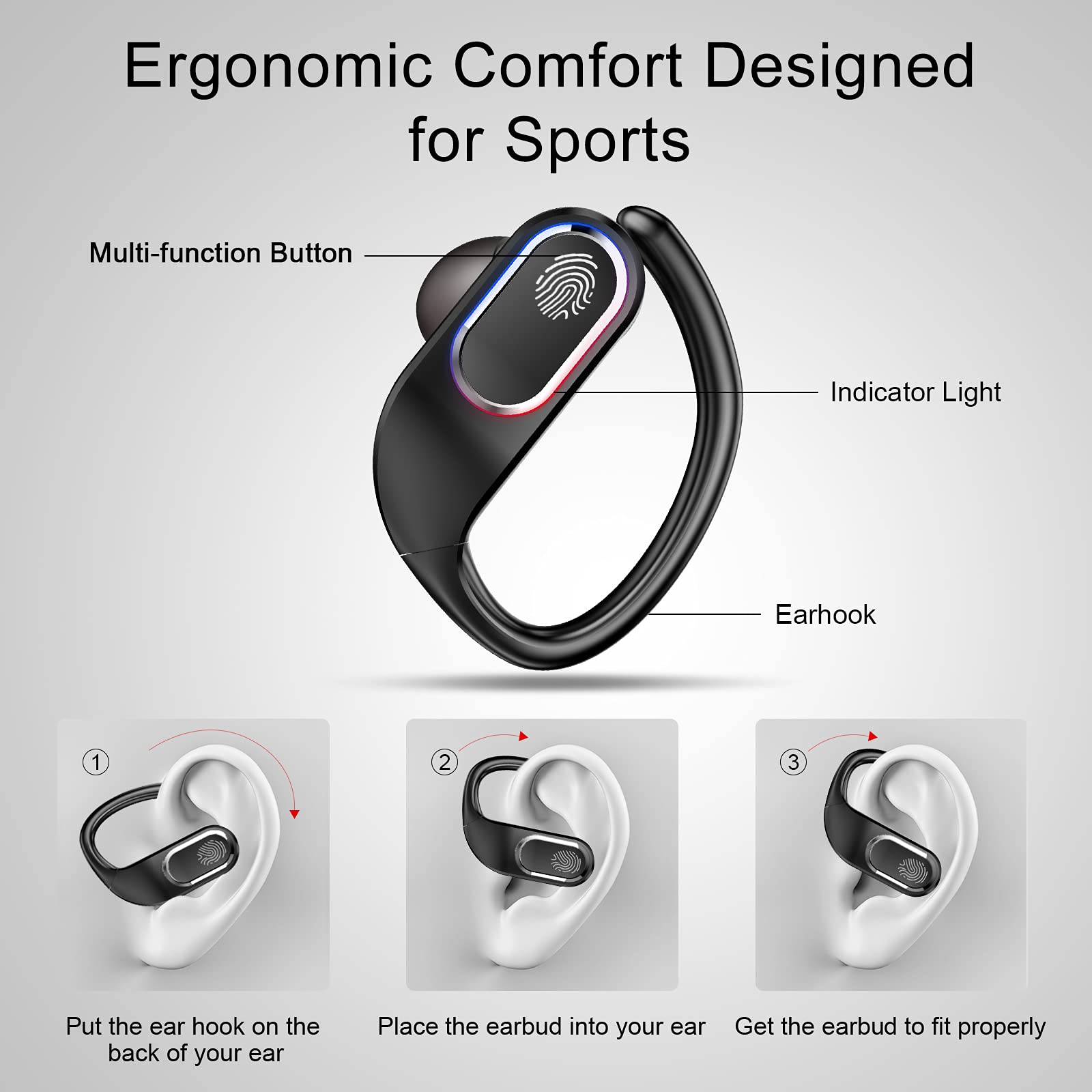 MuGo Wireless Earbuds Sports Bluetooth Headphones Call Noise Reduction 48hrs Playtime Deep Bass in Ear Earphones with Earhooks, 1000mAh Charging Case, Waterproof Built-in HD Mic Headset for Workout