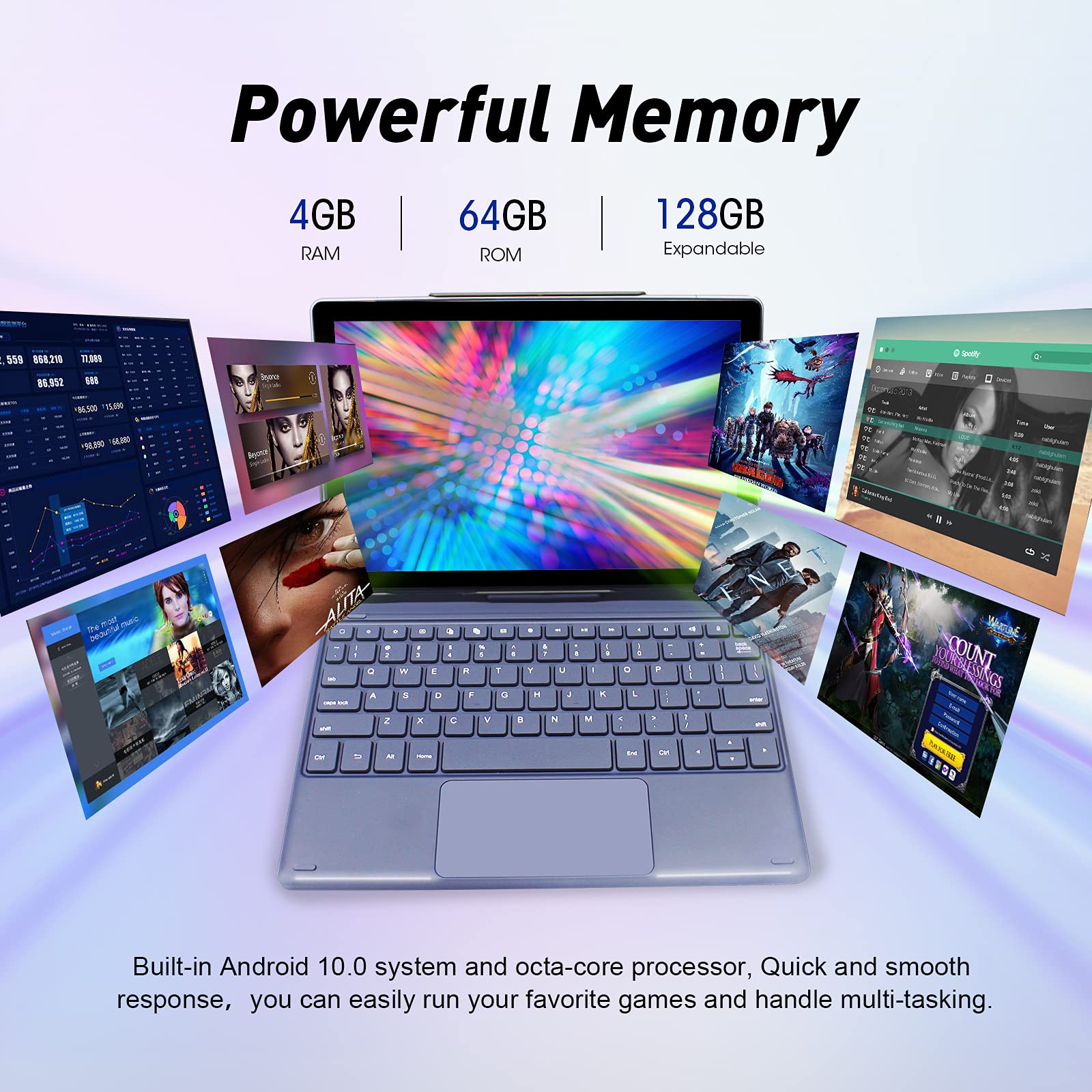 10 inch Tablet with Keyboard,4G LTE Android 10 Tablet Octa-core Processor,1920x1200 Full FHD,4GB RAM 64GB ROM,2 in 1 Tablet with Stylus Pen,5G WiFi Tablet with Case and Stand,5+8MP Dual Camera,GPS