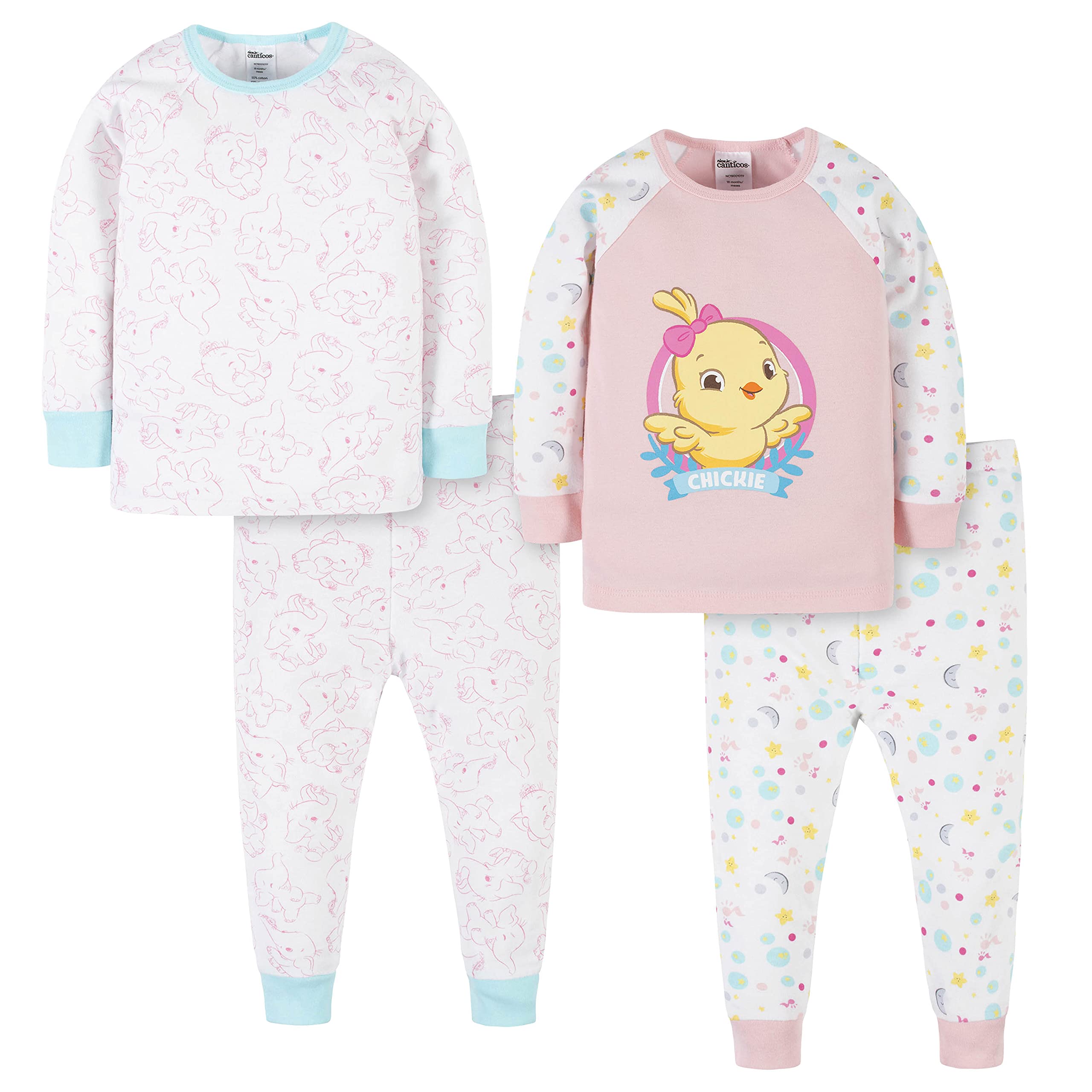 Canticos Unisex-Baby Girls' 4-Piece Snug Fit Cotton Pajamas, Pink, 18 Months