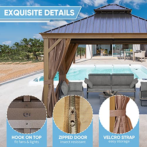 12 * 12FT Hardtop Gazebo Pavilion Aluminum Frame with Galvanized Steel Canopy Outdoor Permanent Gazebo with Netting and Curtains Deck Backyard Heavy Duty Sunshade Large Metal Patio Gazebo, Brown