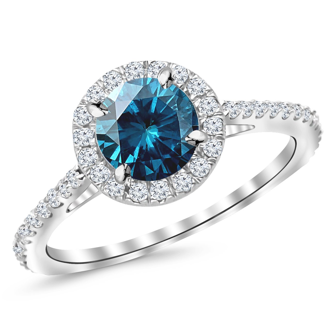 1.4 Carat 14K White Gold Classic Round Halo Diamond Engagement Ring w/ 1 Carat Blue Diamond