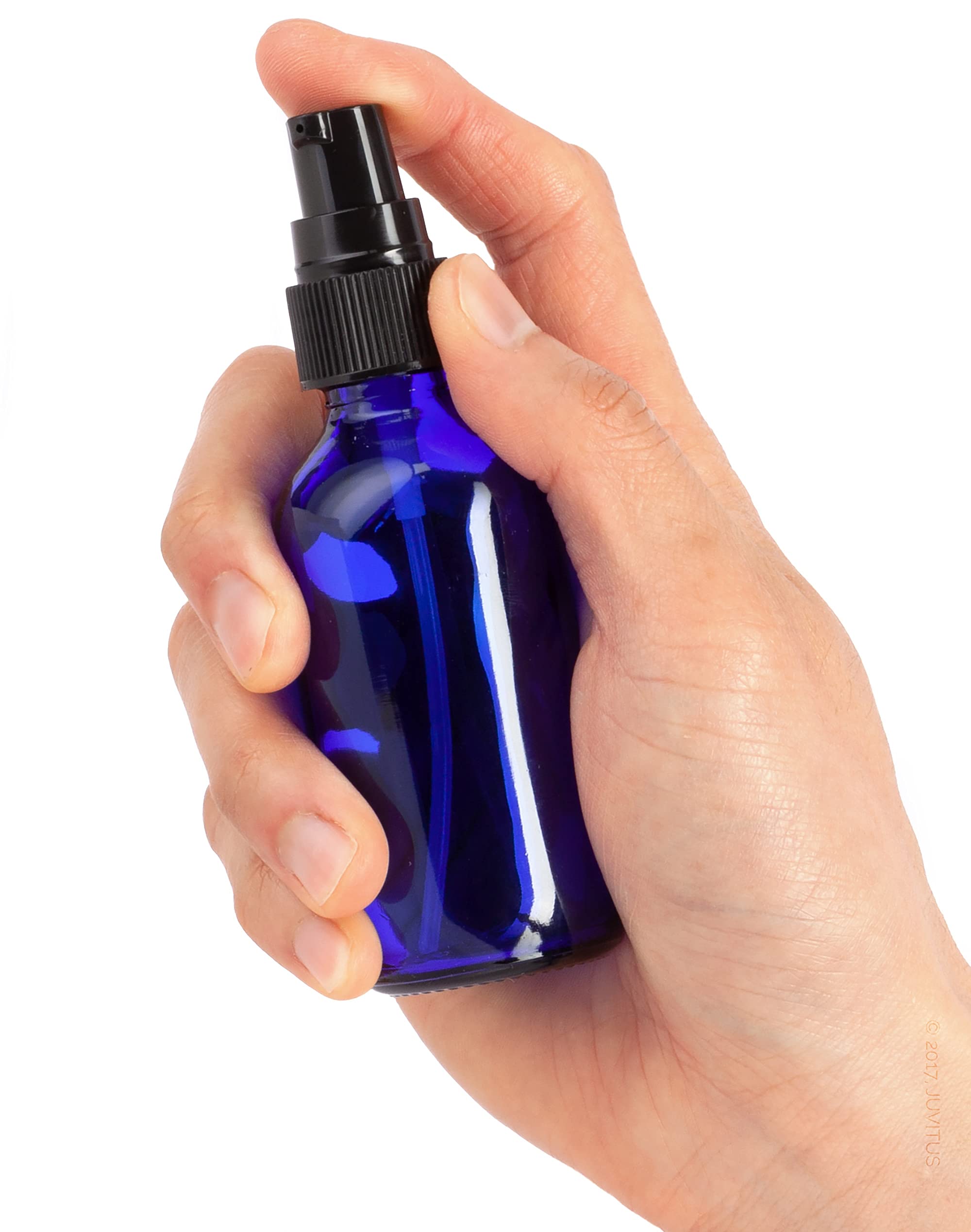 JUVITUS 2 oz Cobalt Blue Glass Boston Round Black Treatment Pump Bottle (24 Pack) + Funnel and Travel Size Foamer for Soap