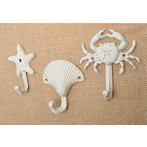 MY MIRONEY 3 Pieces Starfish Seashell Crab Coats Hooks White Beach Ocean Theme Towels Key Hooks Cast Iron Decorative Wall Hooks with Screws